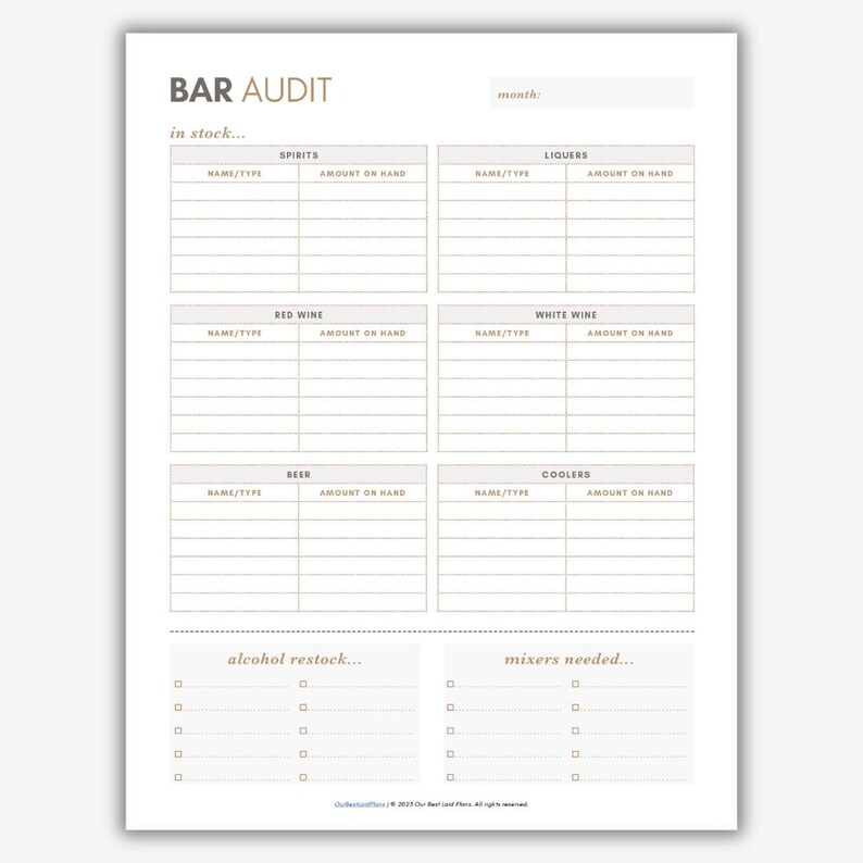 Bar Audit Printable PDF Home Bar Inventory Checklist Bar Restock Bar ...