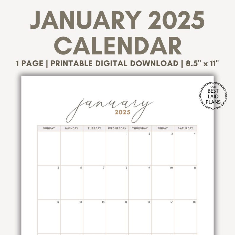 January 2025 Calendar Printable at a Glance PDF Digital Download ...