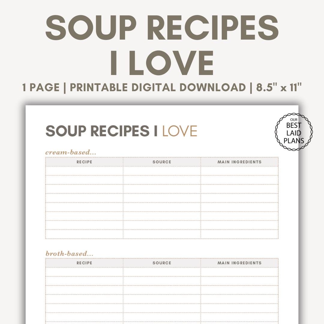 Favorite Recipes List Printable, Soups Tracker Printable, Kitchen ...
