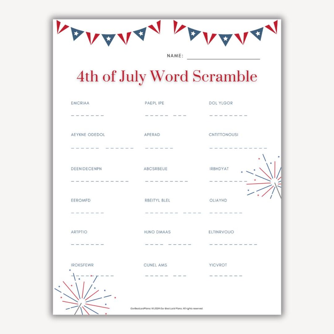 Fourth of July Word Scramble Game Printable PDF 4th of July Word Jumble ...