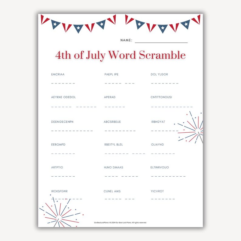 Fourth of July Word Scramble Game Printable PDF 4th of July Word Jumble ...