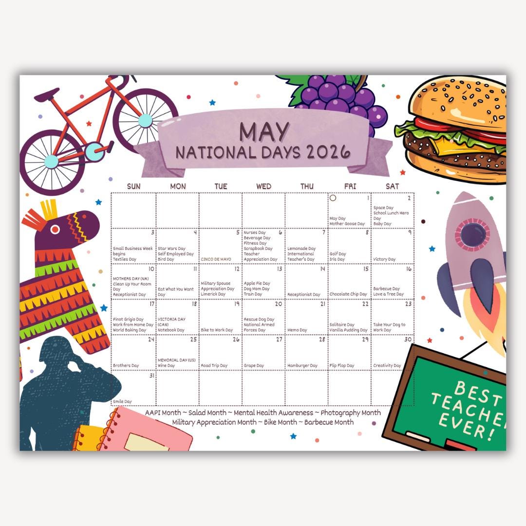 National Days Calendar for May (includes All 12 Months), National May ...