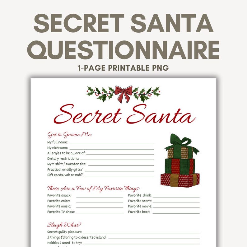 Secret Santa Questionnaire Template PNG, Mystery Santa Questions ...