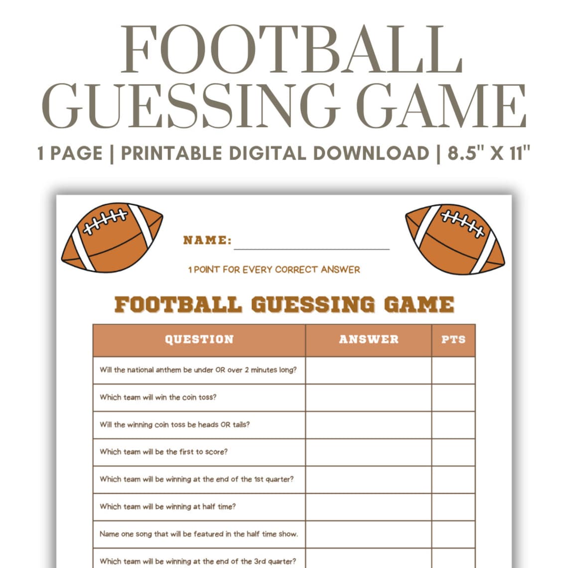 Football Guessing Game Printable PDF Football Party Games Football Fun ...