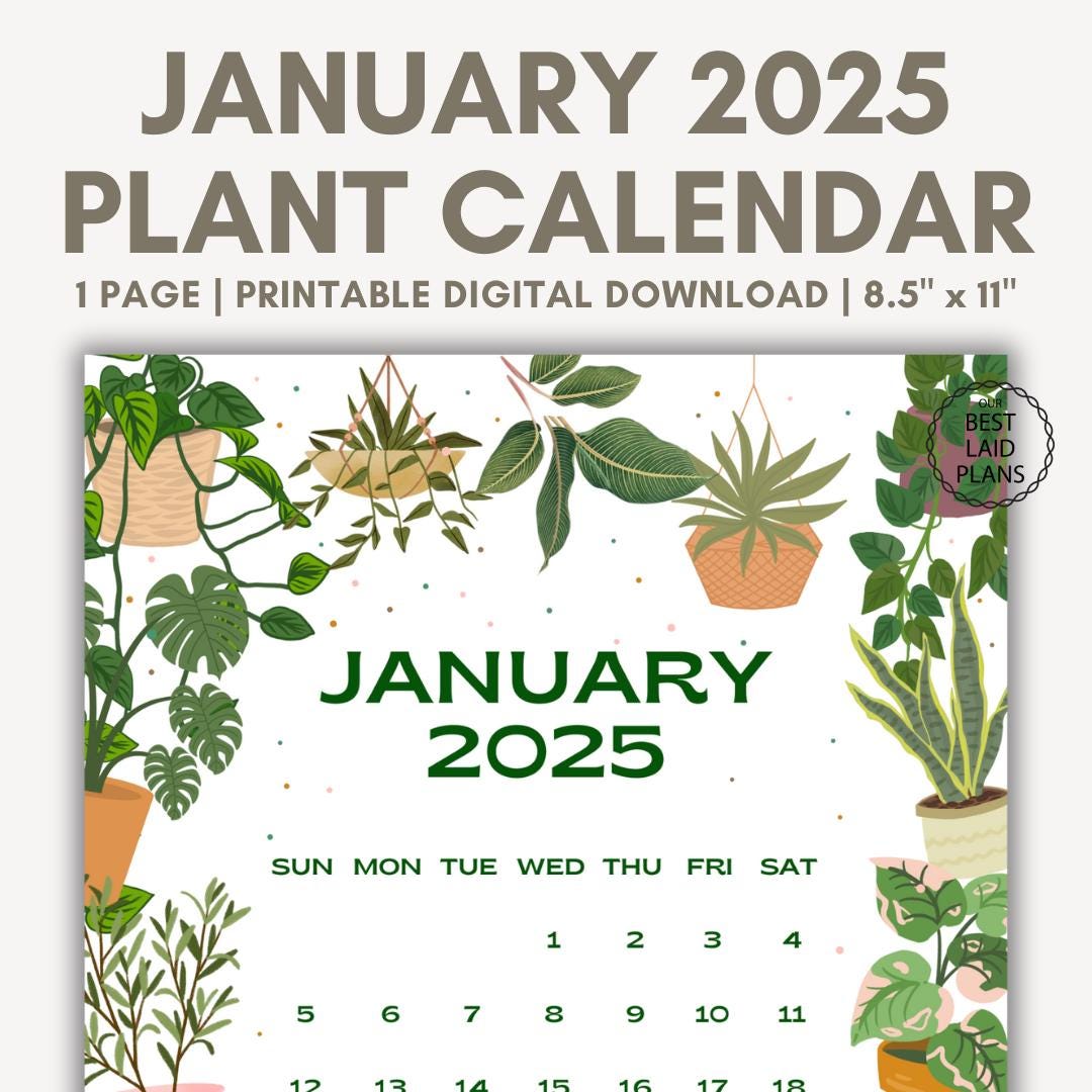 January 2025 Calendar Printable PDF Monthly January 2025 Calendar Plant ...