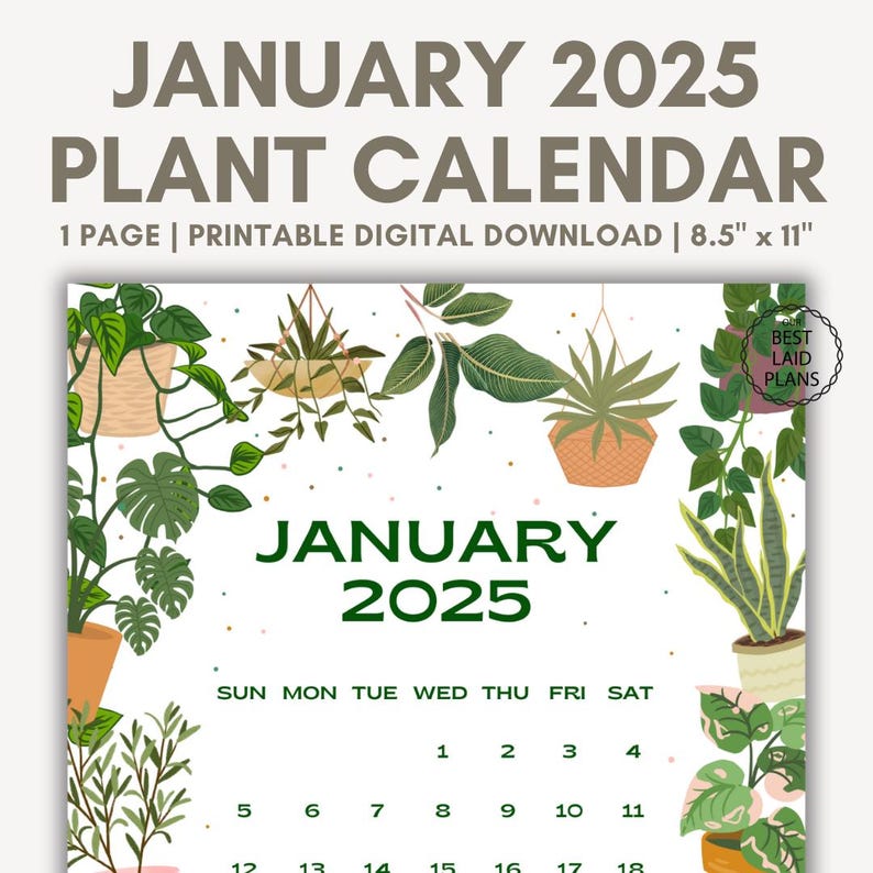 January 2025 Calendar Printable PDF Monthly January 2025 Calendar Plant ...