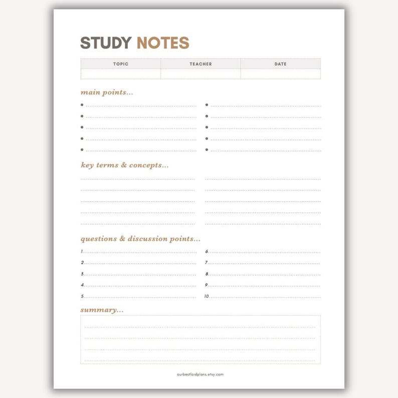 Study Notes Printable Note Taking Template PDF Digital Download Study ...