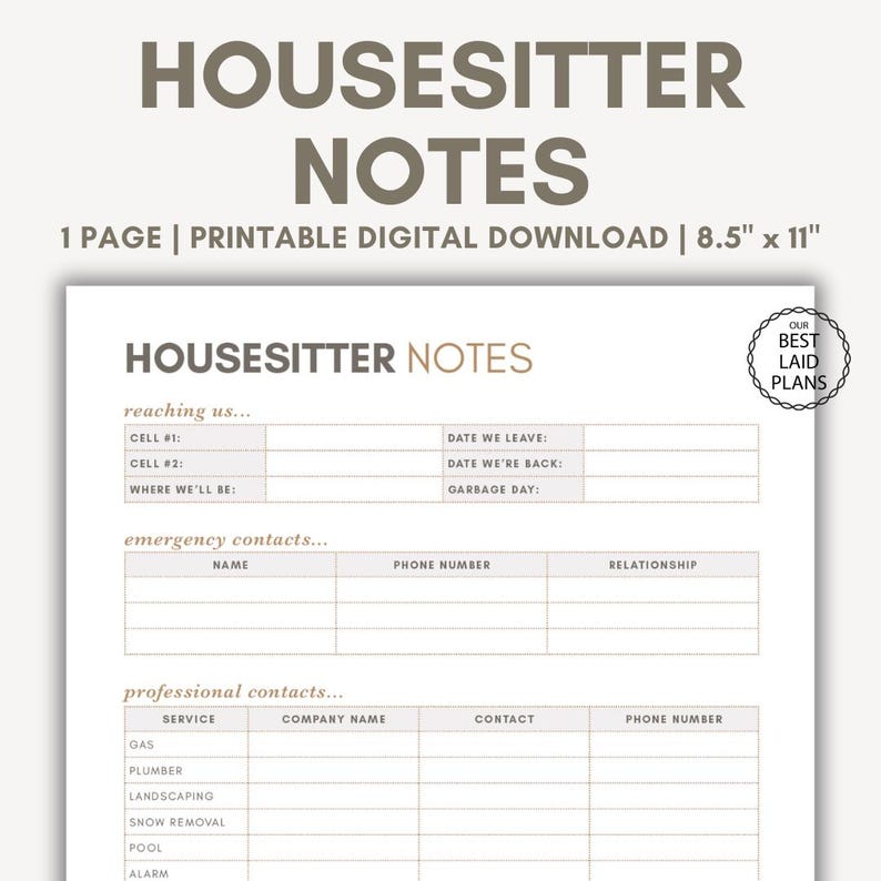 House Sitter Instructions House Sitter Checklist Printable Template ...