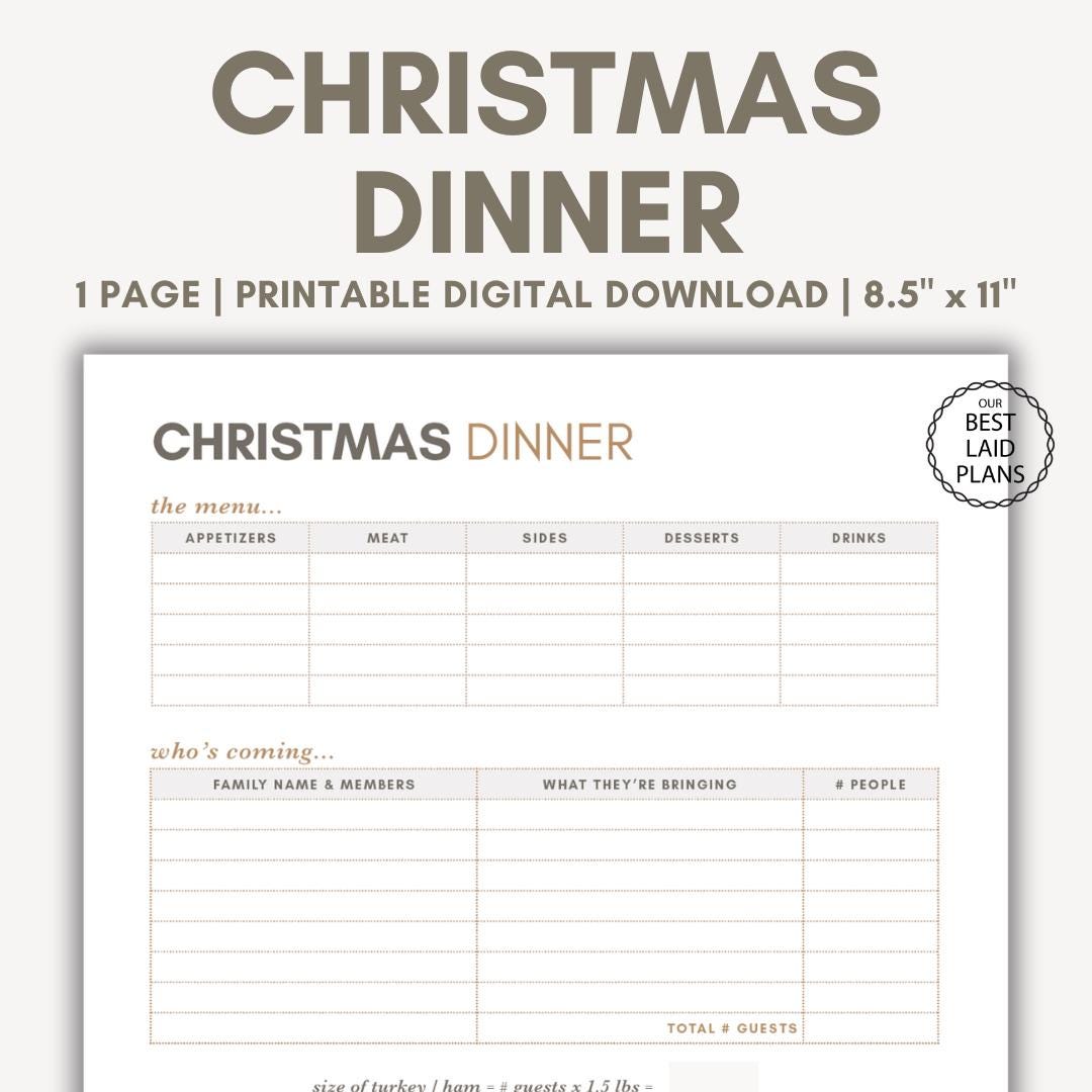 Christmas Dinner Planner Printable Christmas Menu Planner Page Xmas ...