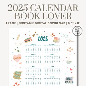 2025 at a Glance Calendar Printable Cute 2025 Calendars Book Lover ...