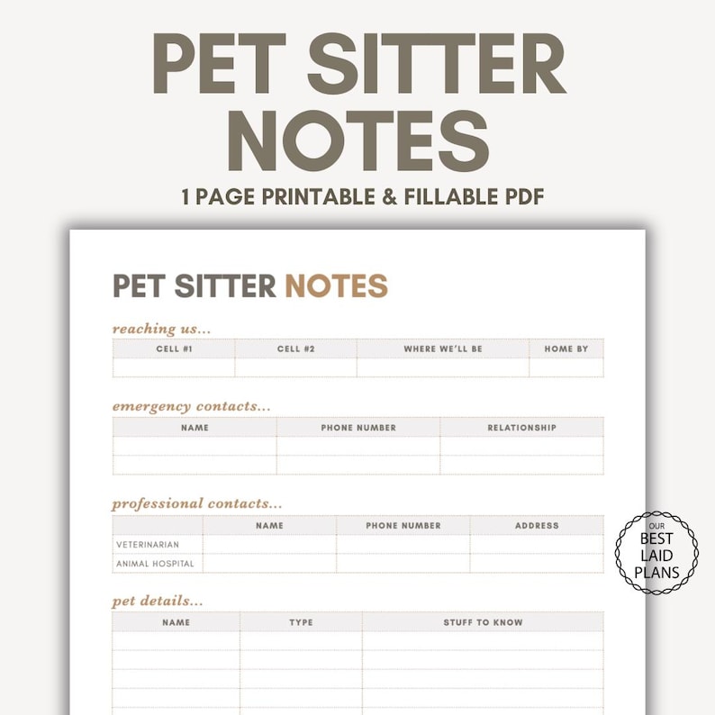 Pet Sitter Notes Printable PDF Pet Sitting Planner Printable Dog Sitter ...