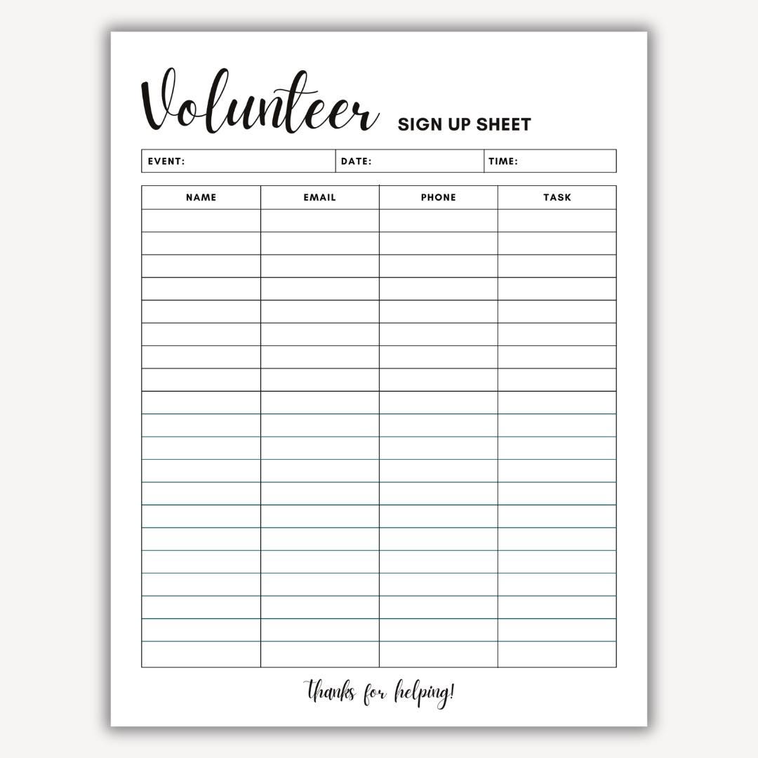 Volunteer Sign up Sheet Printable, Volunteer Sign up PDF, Volunteer ...