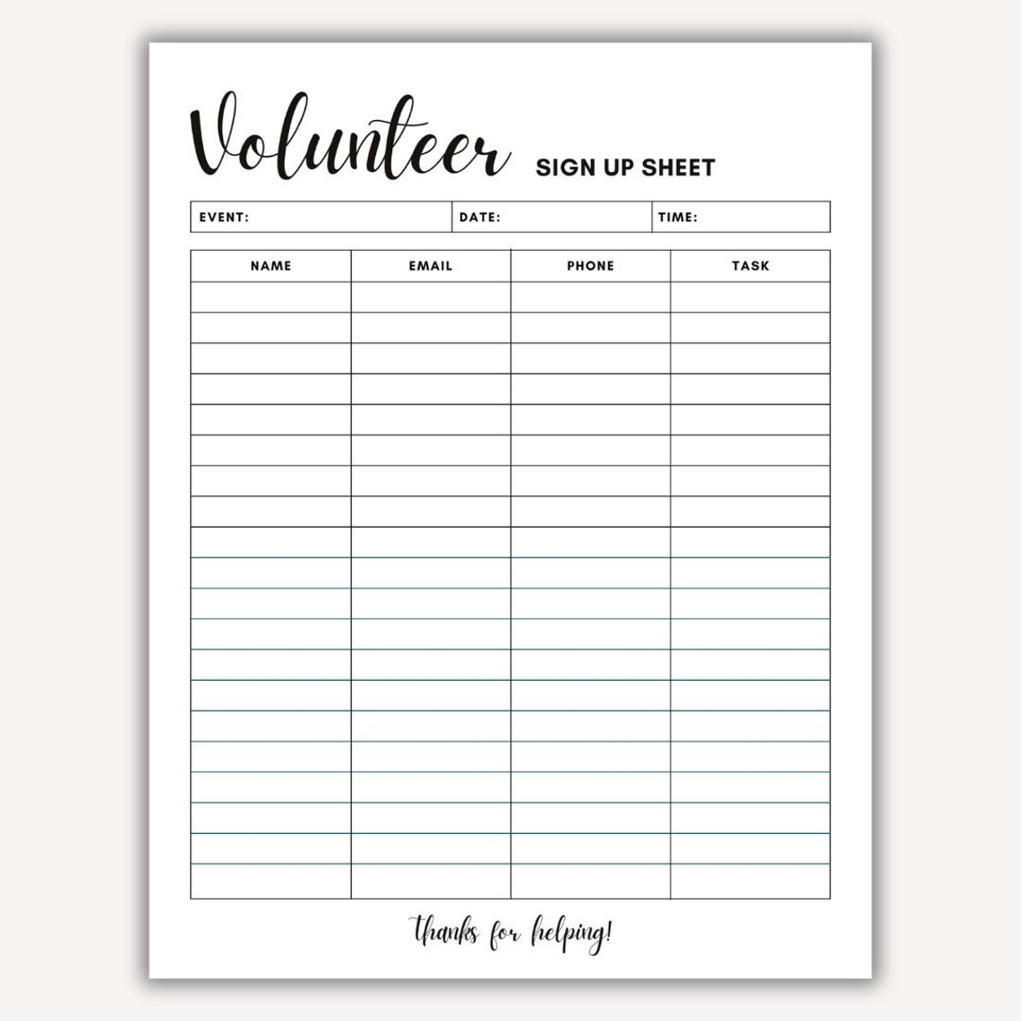 Volunteer Sign up Sheet Printable, Volunteer Sign up PDF, Volunteer ...