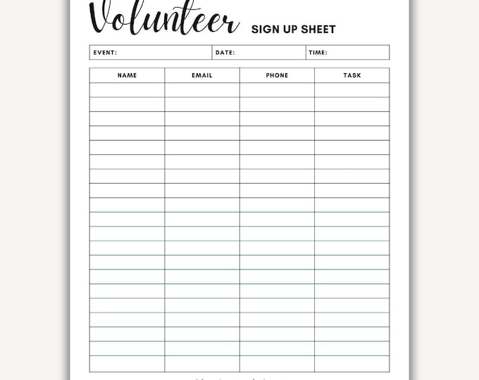 Volunteer Sign up Sheet, Volunteer Sign up List, Printable Sign up ...