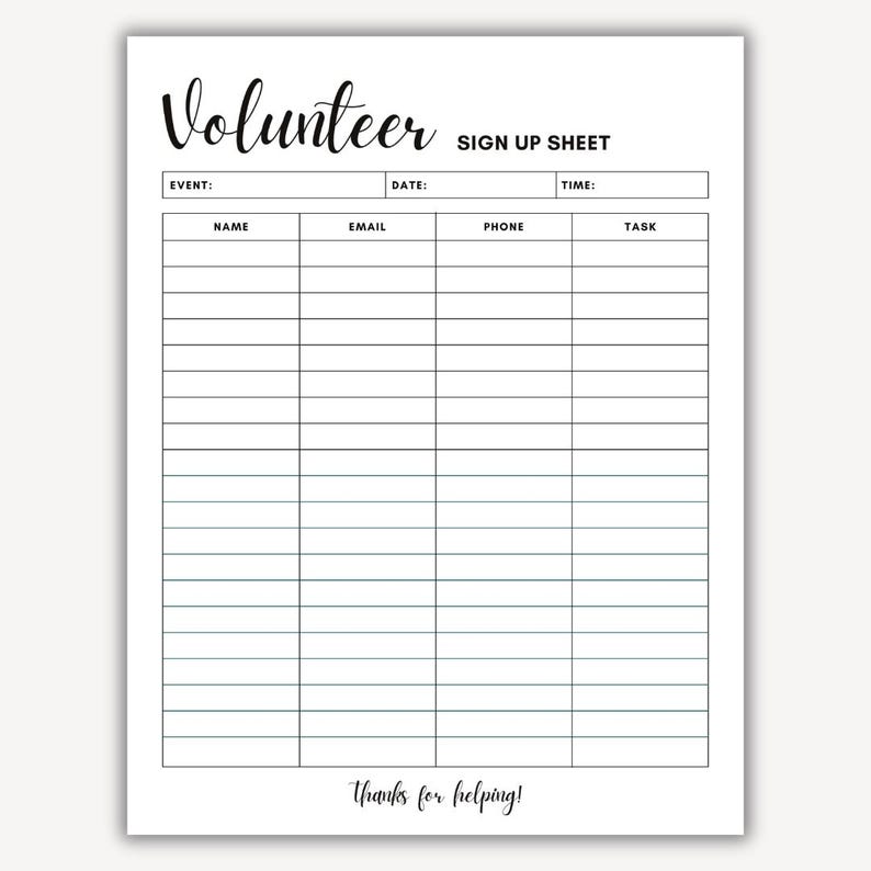 Volunteer Sign up Sheet Printable, Volunteer Sign up PDF, Volunteer ...