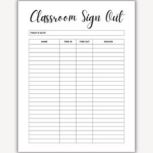 Classroom Sign in Sheet Printable PDF, Class Sign in and Sign Out ...