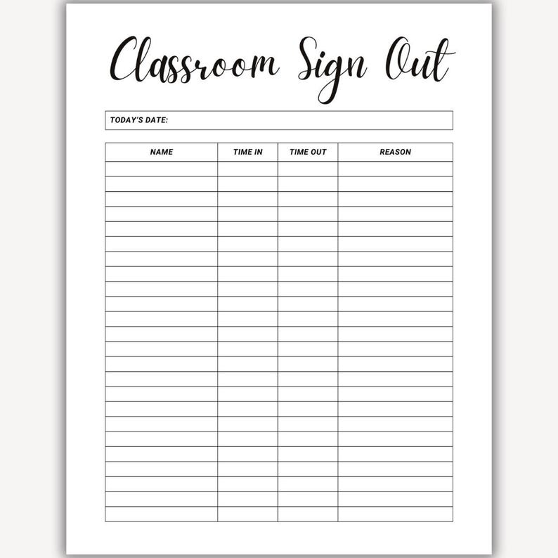 Classroom Sign in Sheet Printable PDF, Class Sign in and Sign Out ...