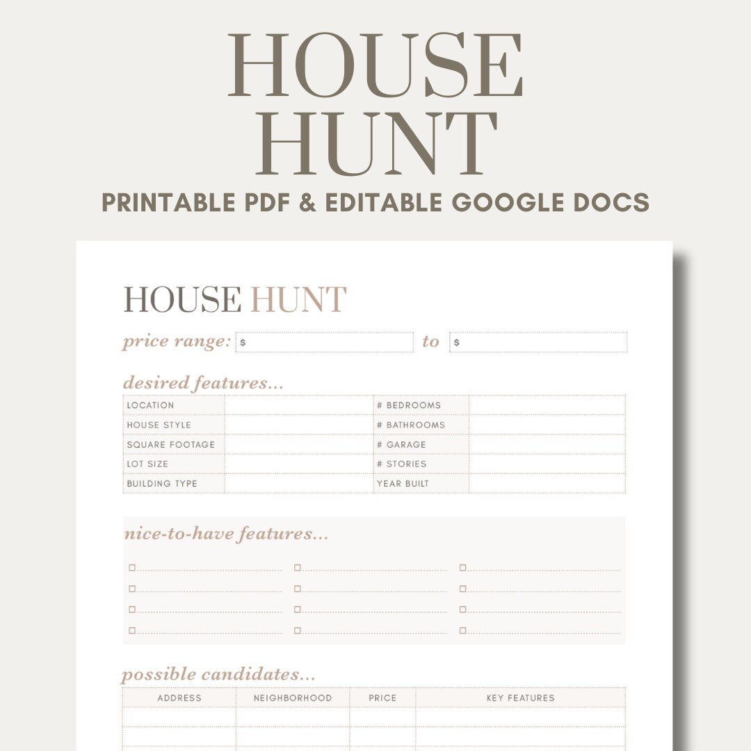 House Hunting Checklist Planner Printable PDF Editable Google Docs ...