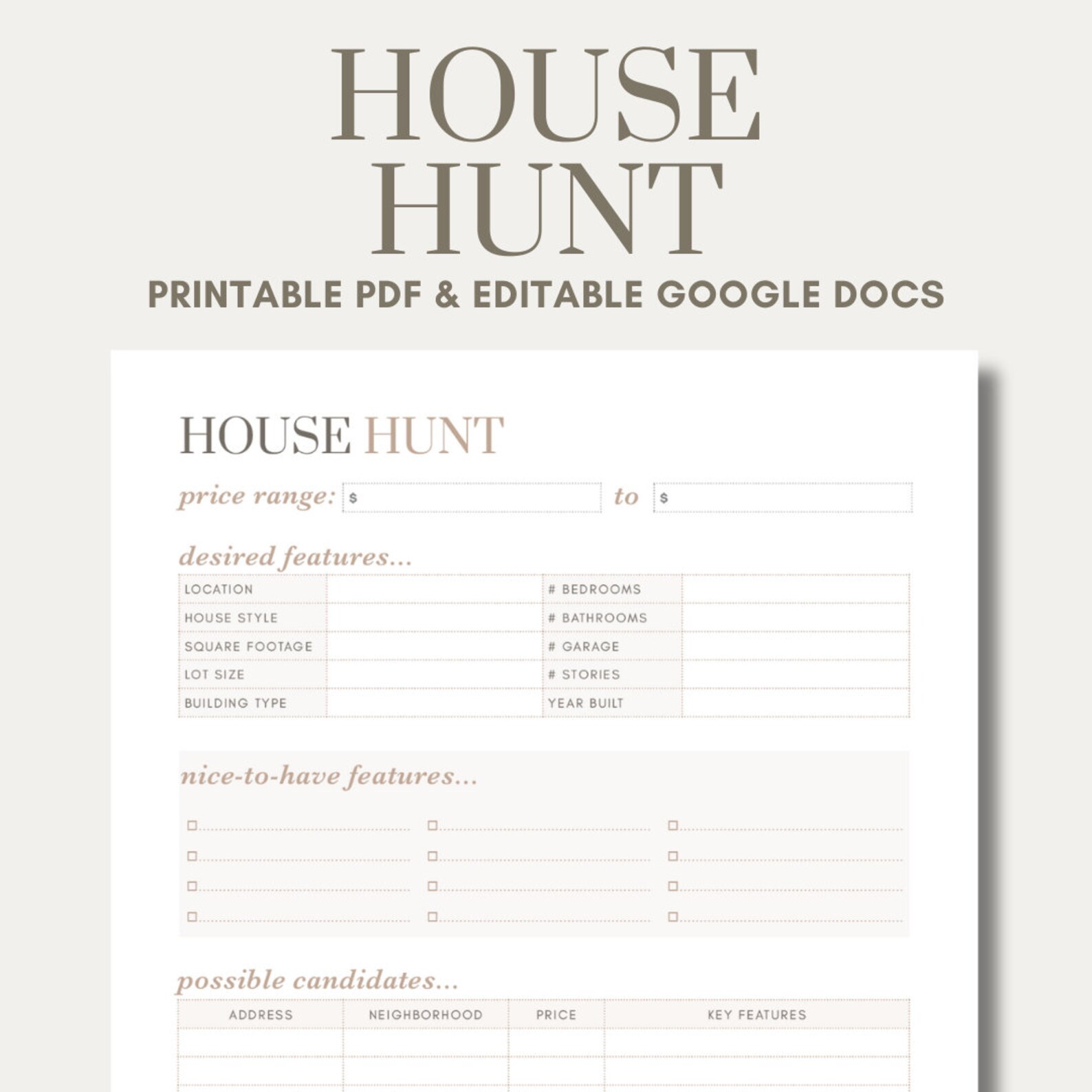 House Hunting Checklist Planner Printable PDF Editable Google Docs ...