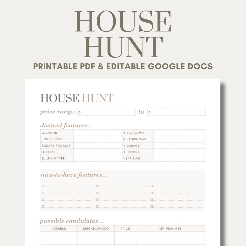 House Hunting Checklist Planner Printable PDF Editable Google Docs ...