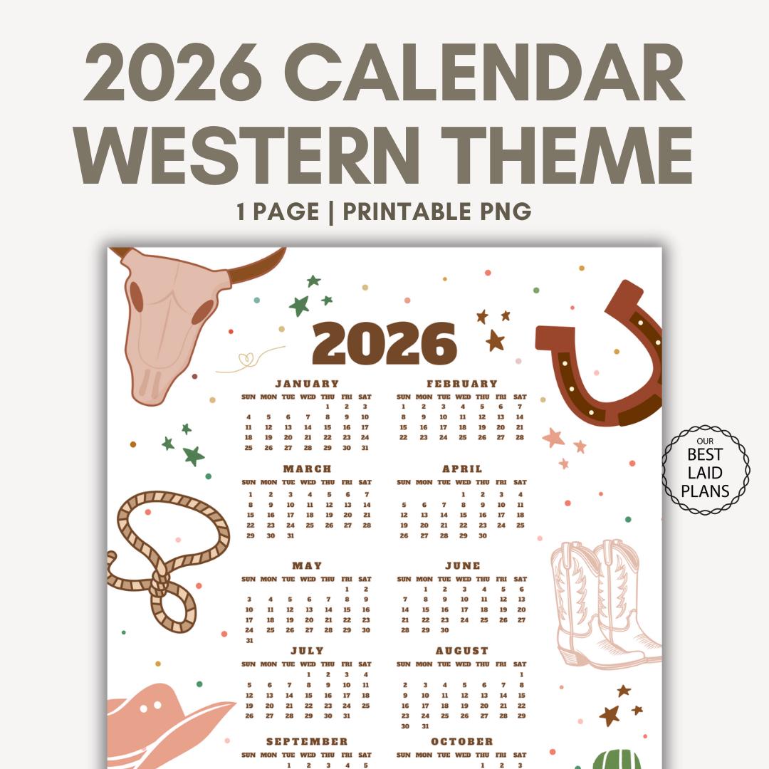 2026 Western Theme Calendar Printable Year at a Glance, Printable 2026 ...