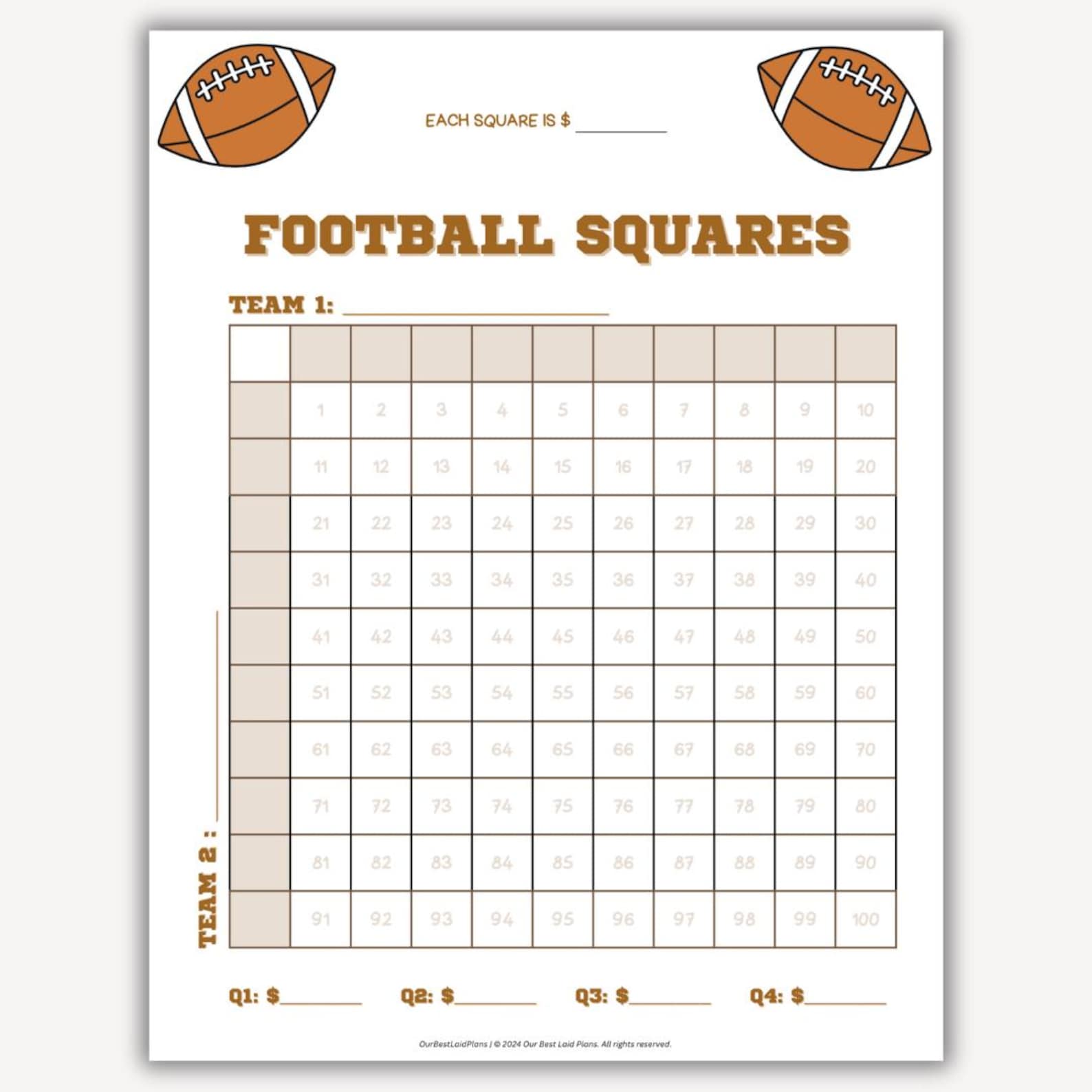 Football Squares Printable PDF Football Squares Game Football Squares ...