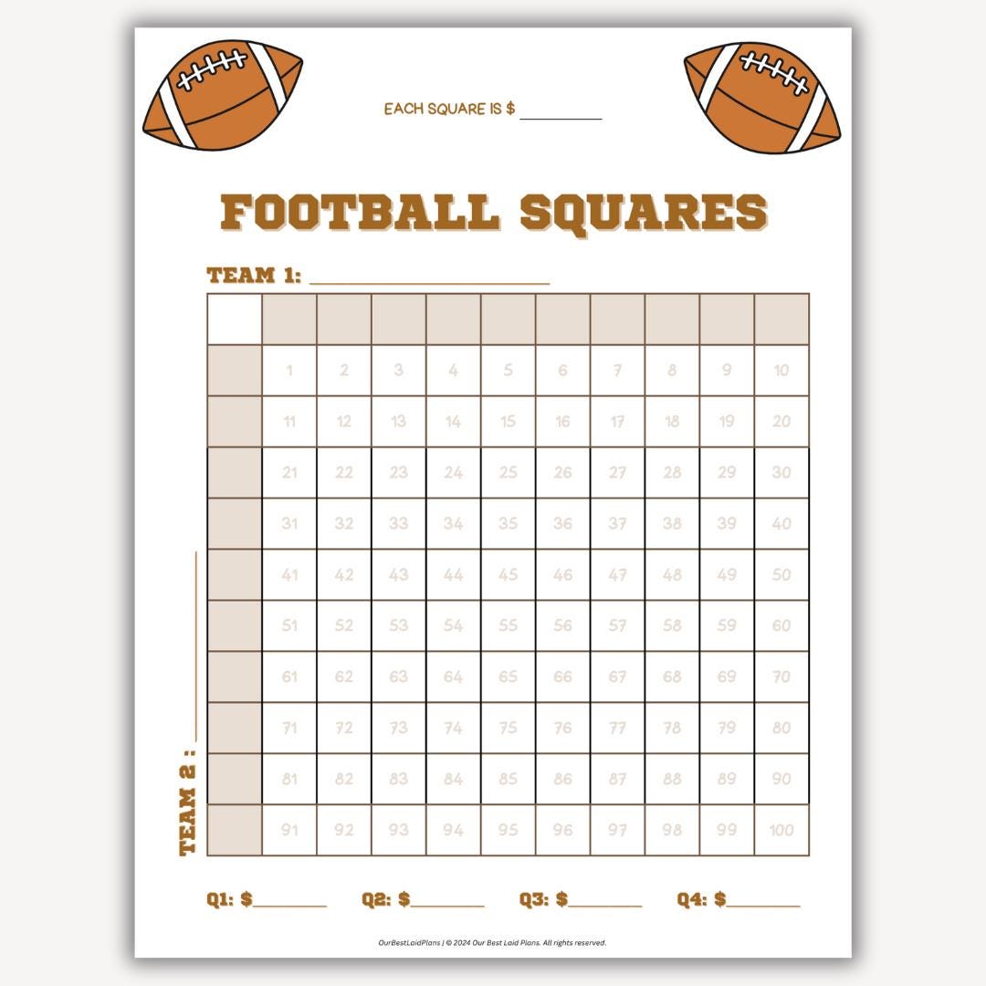 Football Squares Printable PDF Football Squares Game Football Squares ...
