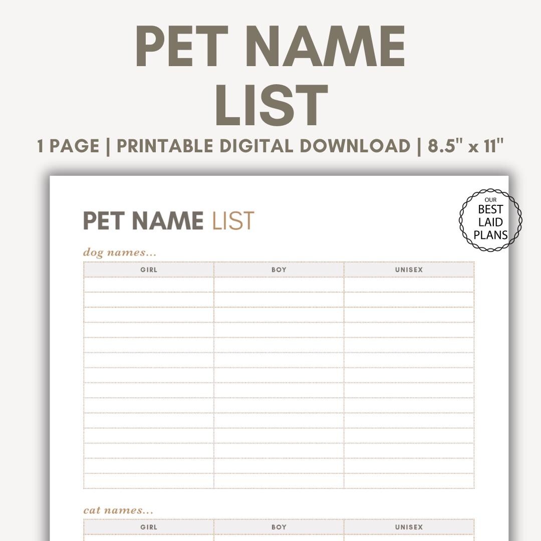 Pet Name Tracker Pet Name List Printable Dog Name List Cat Name List ...