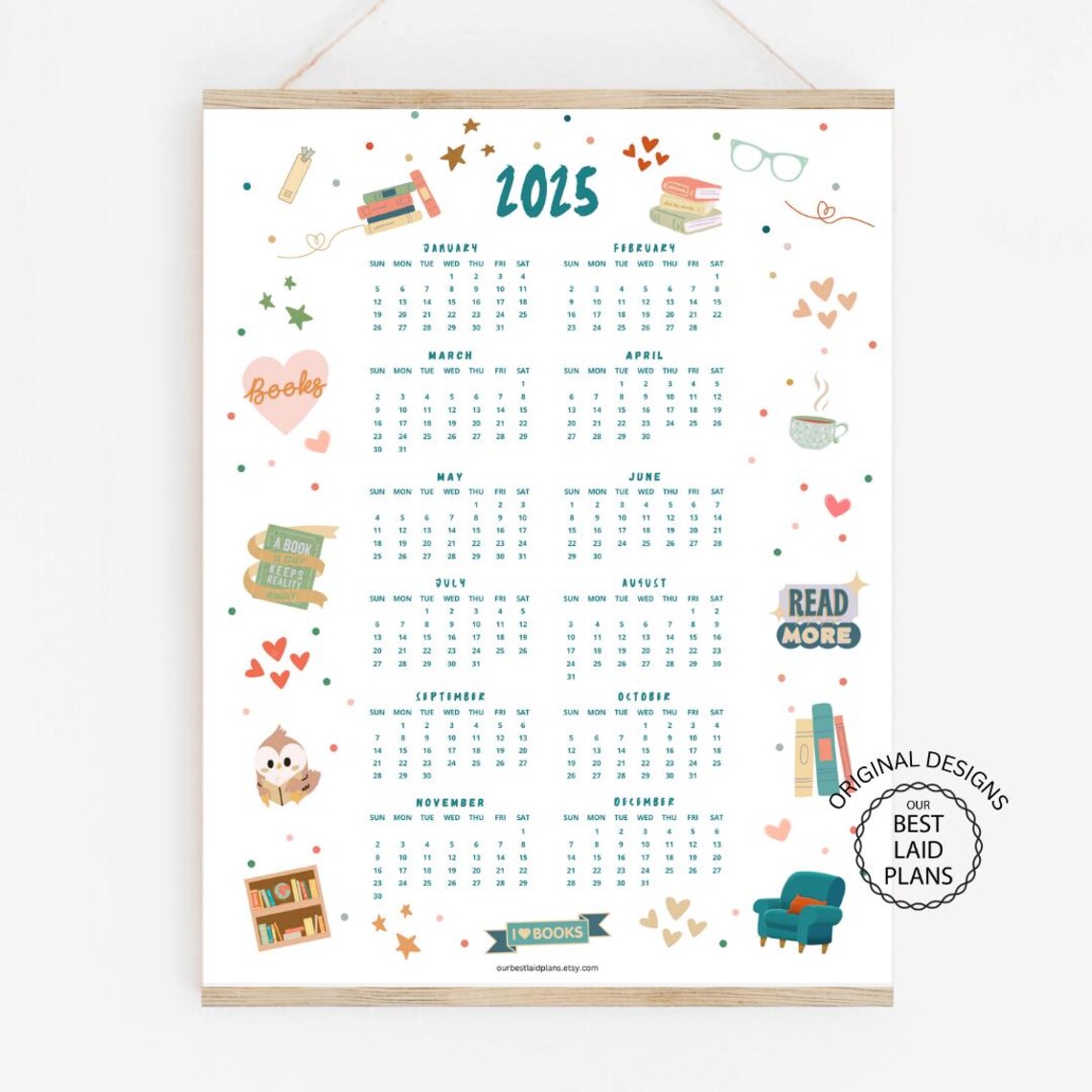 2025 at a Glance Calendar Printable Cute 2025 Calendars Book Lover ...