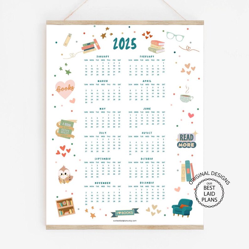 2025 at a Glance Calendar Printable Cute 2025 Calendars Book Lover ...