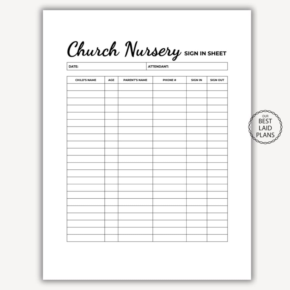 Church Nursery Sign in Sheet Google Docs and PDF, Editable Sign in ...
