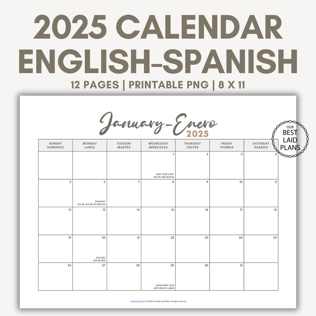 English Spanish Calendar for 2025 Printable PDF With Holidays Landscape ...