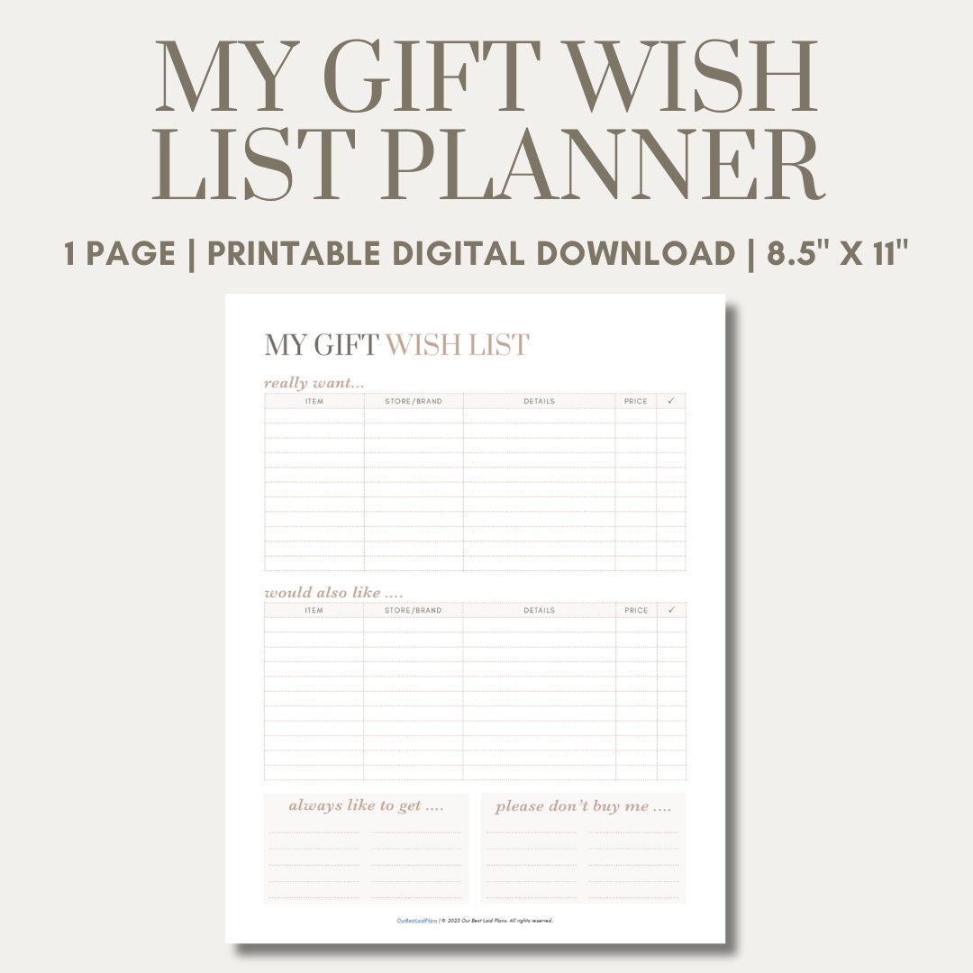 Gift Wish List Planning Printable PDF, Gift List Planner, Gift List ...