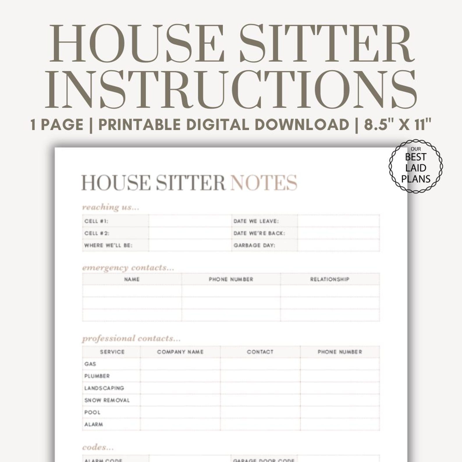 House Sitter Instructions House Sitter Checklist Printable Template ...