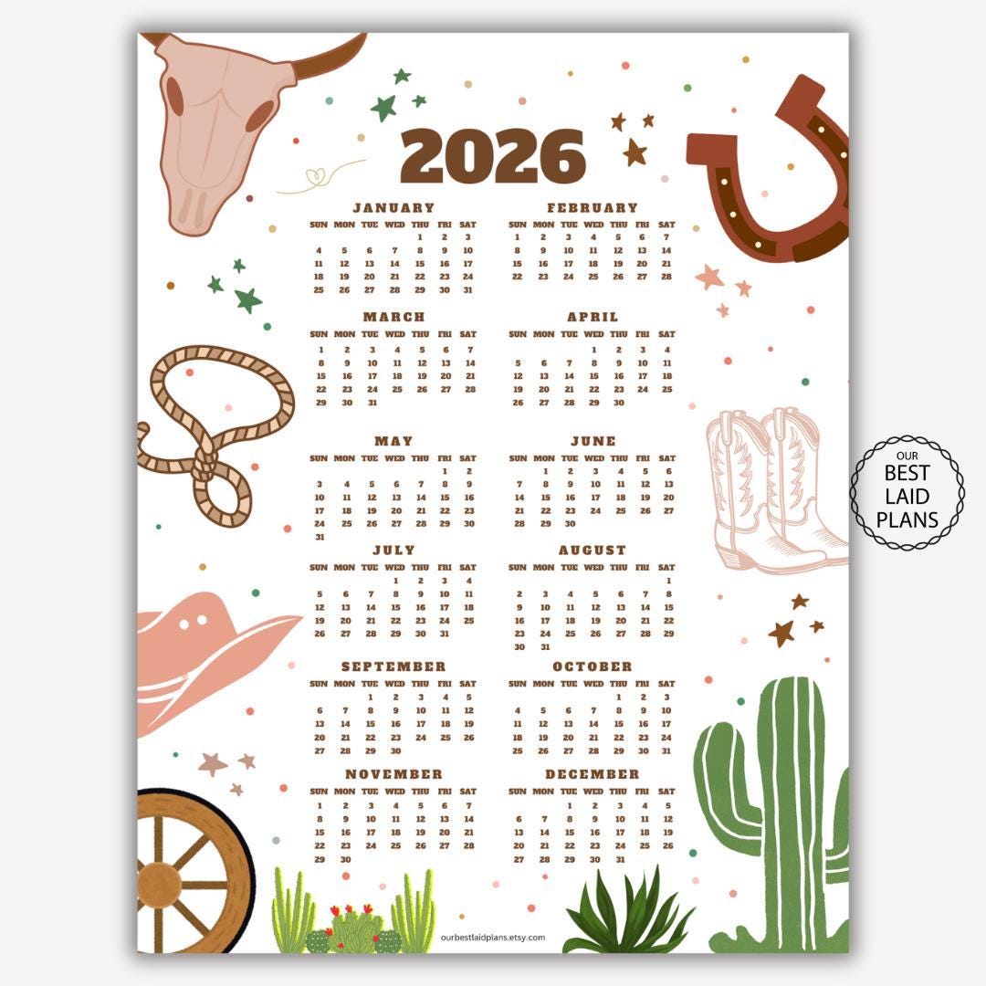 2026 Western Theme Calendar Printable Year at a Glance With Western ...