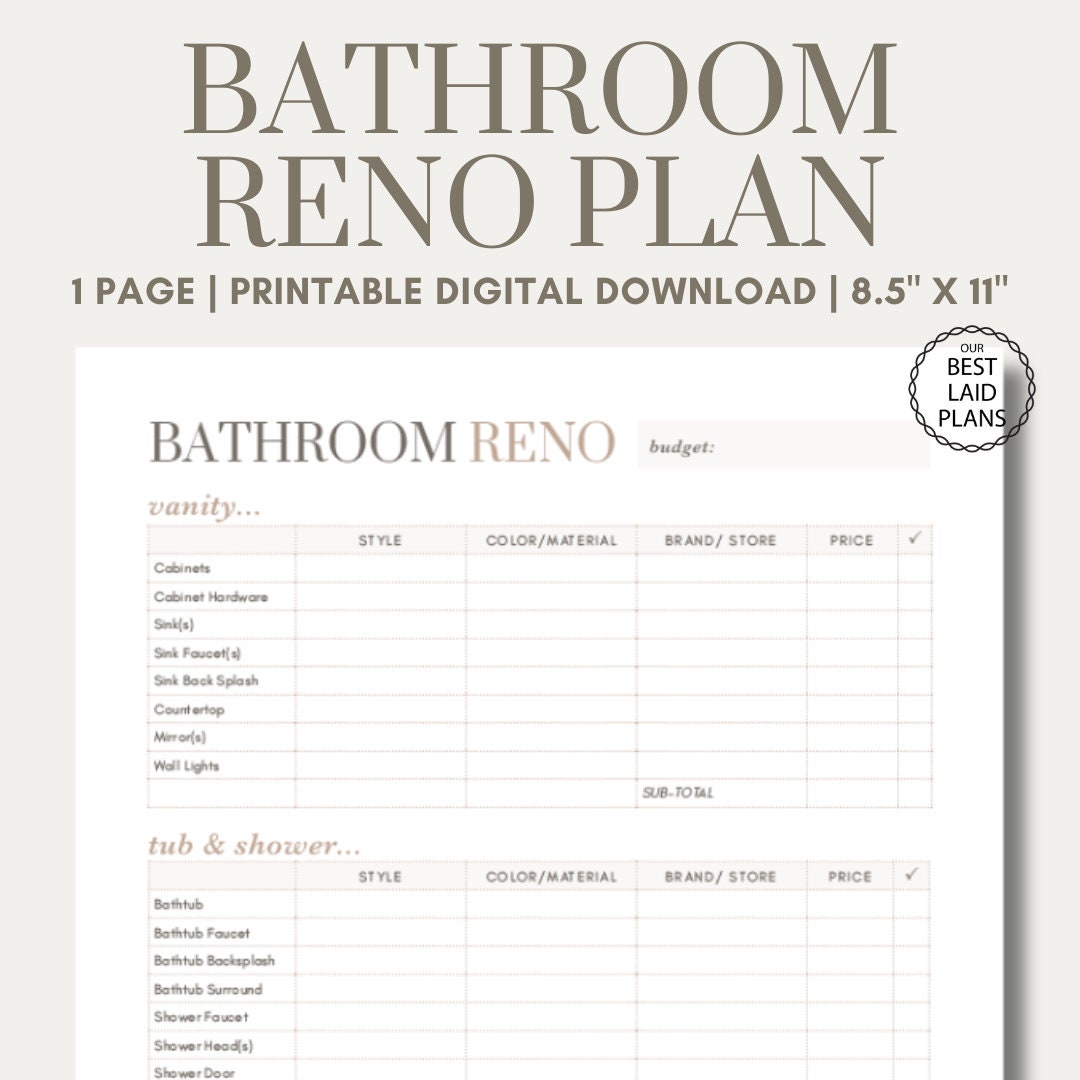Bathroom Renovation Planner Printable PDF, Bathroom Remodel Digital ...