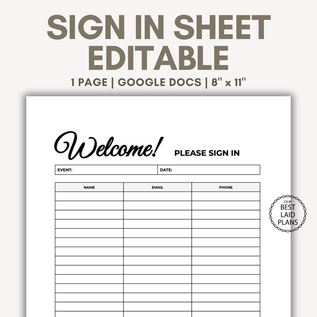 Sign in Sheet Template Google Docs, Sign in Sheet Editable Template ...