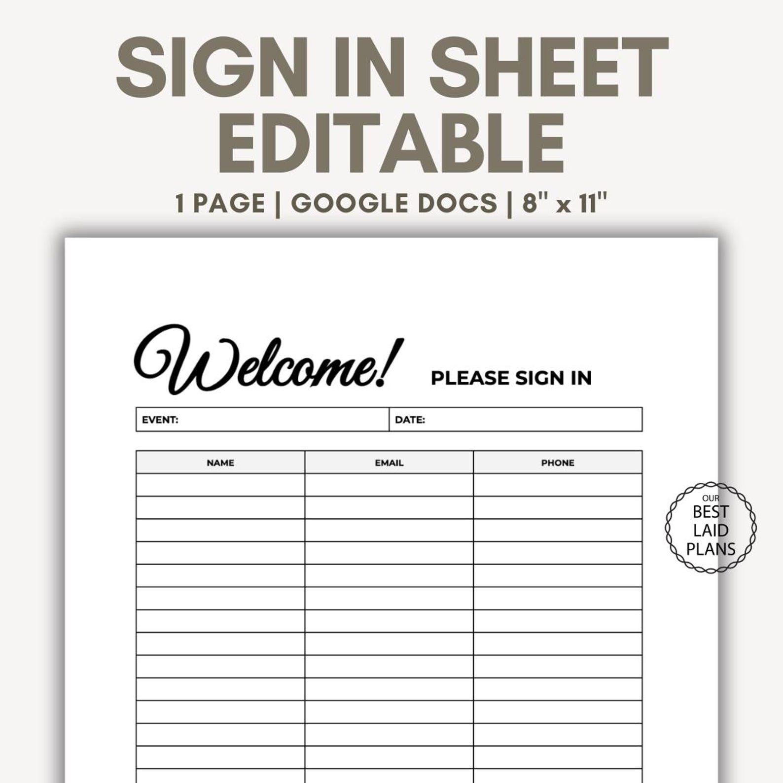 Sign in Sheet Template Google Docs, Sign in Sheet Editable Template ...