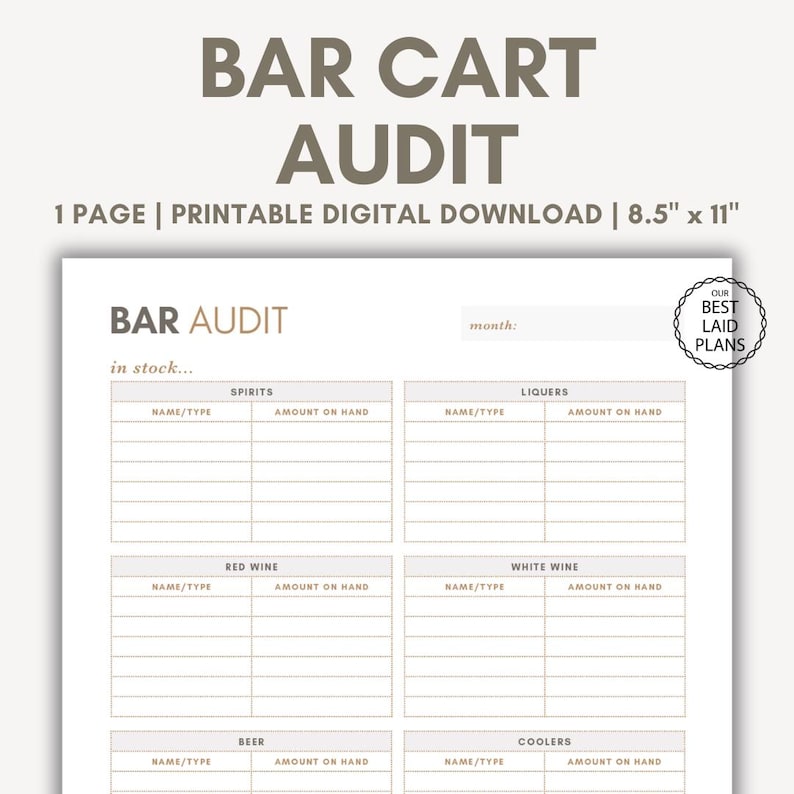 Bar Audit Printable PDF Home Bar Inventory Checklist Bar Restock Bar ...