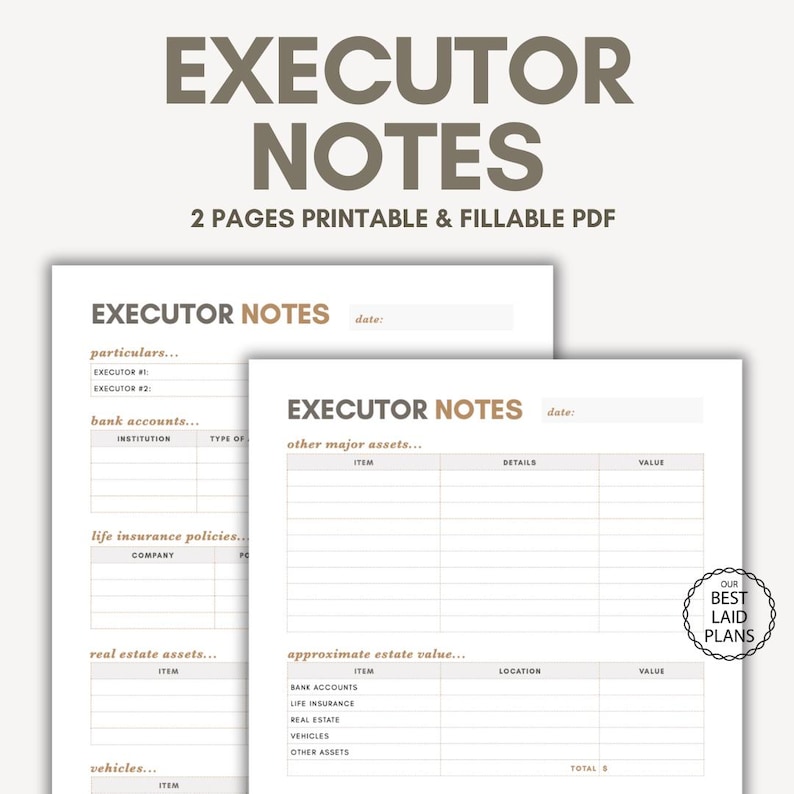 Executor Notes Printable PDF, Estate Executor Notes Will, Executor ...