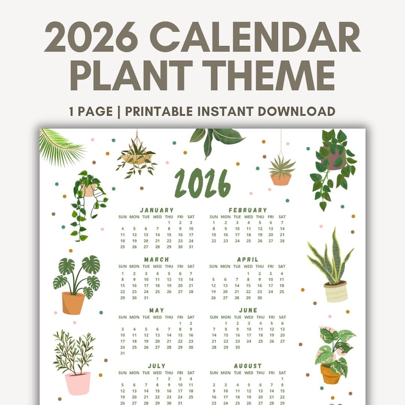 2026 Calendar Printable, at a Glance 2026 Calendar Page, One Page Plant ...