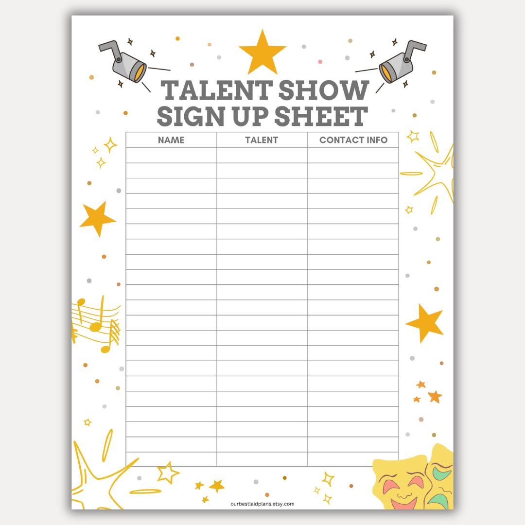 Talent Show Sign up Sheet Printable, Talent Show Sign up Sheet PDF ...