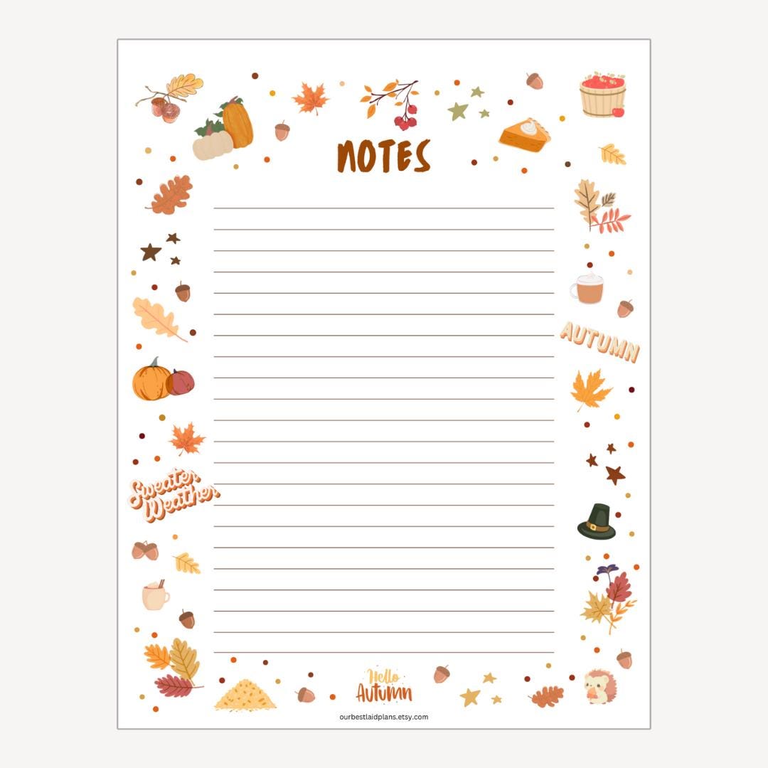 Fall Notes Notepad Page Printable PDF Cute Fall Notes Cute Notepads ...