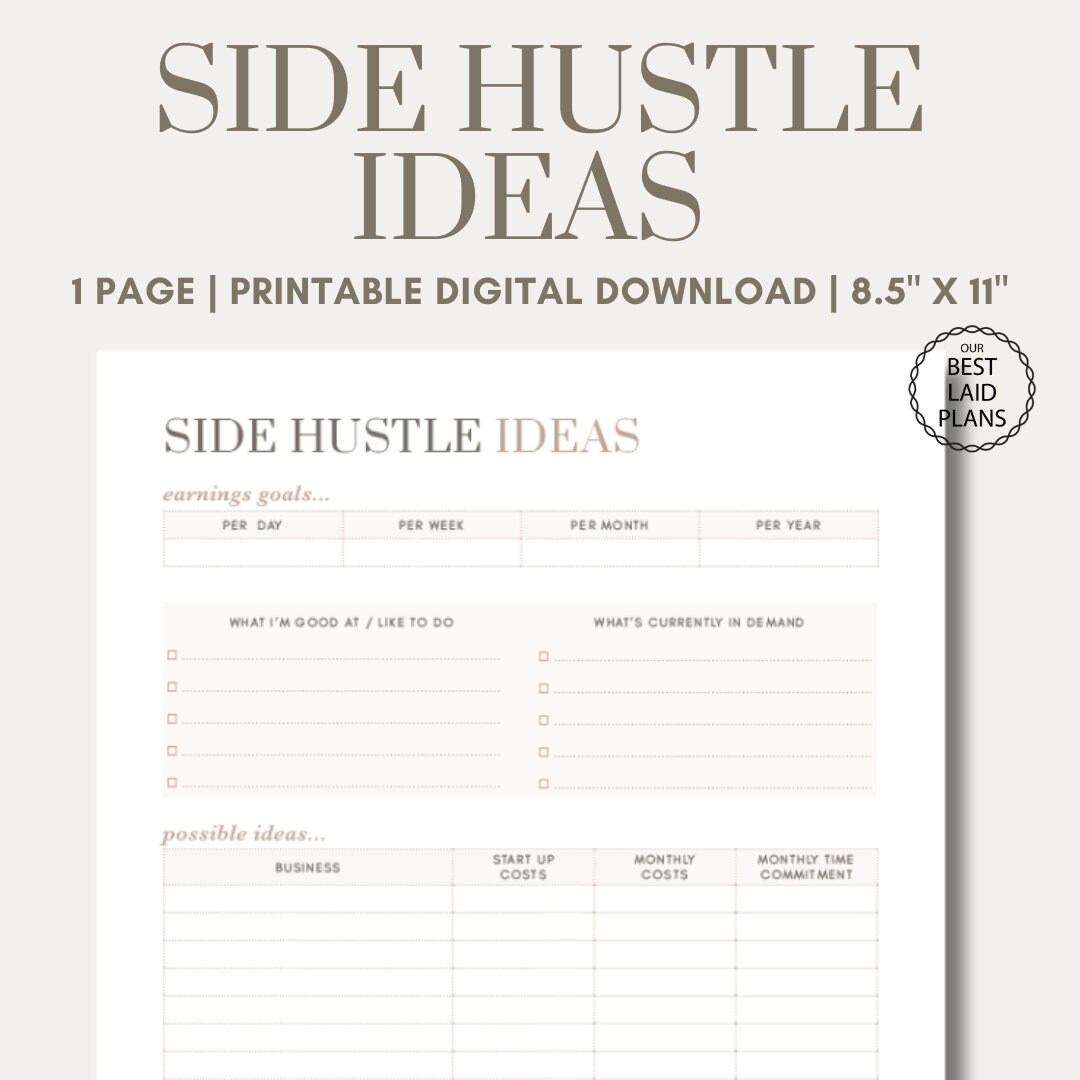 Side Hustle Planner Printable PDF, Side Hustle Ideas Digital Download, Side Hustle Plan Template ...