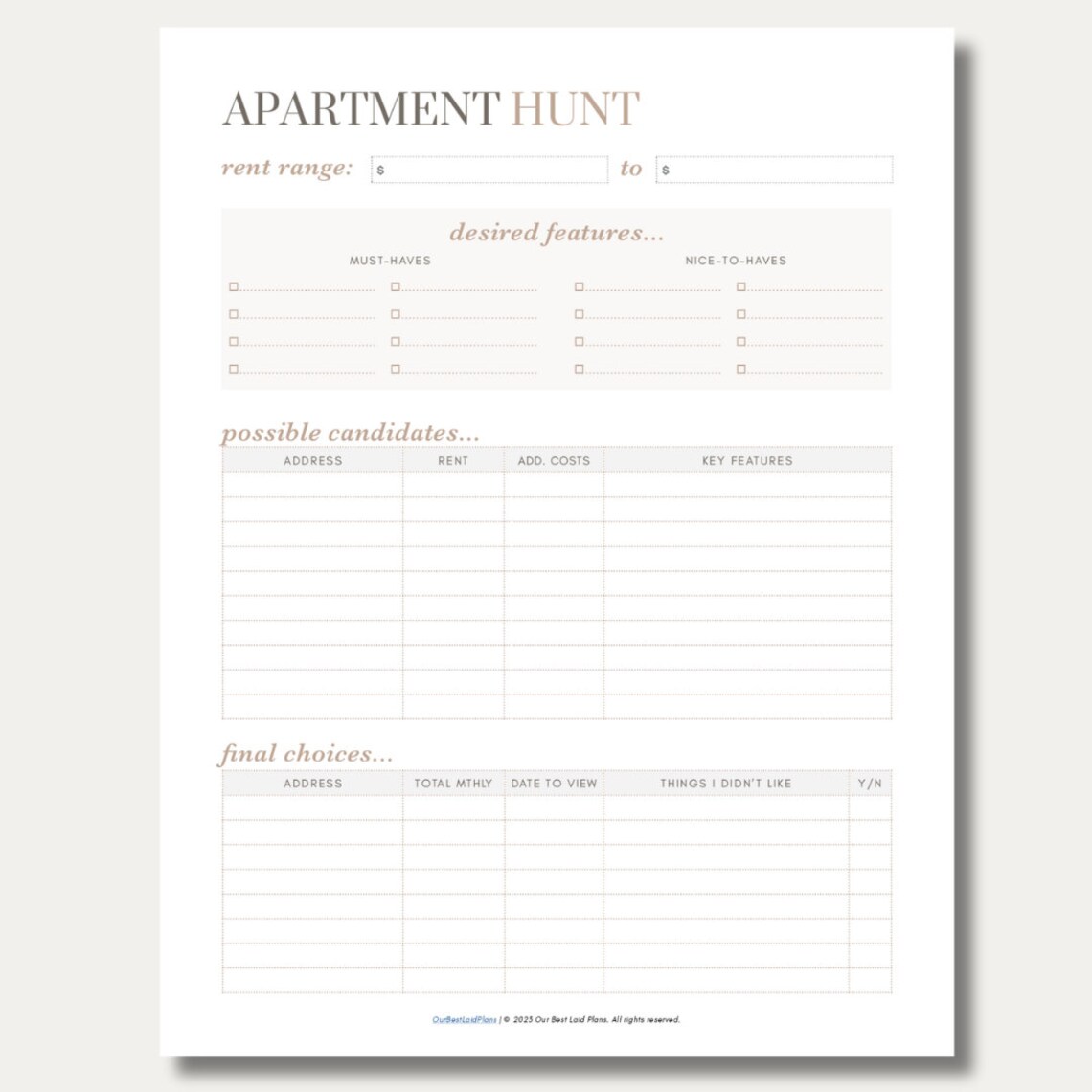 Apartment Hunt Planner Page, Apartment Tracker, Apt Hunting List ...