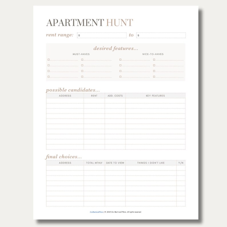 Apartment Hunt Planner Page, Apartment Tracker, Apt Hunting List ...