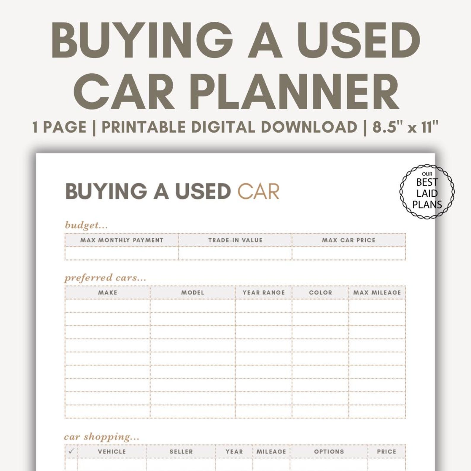 Buying a Used Car Planner Printable PDF, Life Planning Page Printable ...