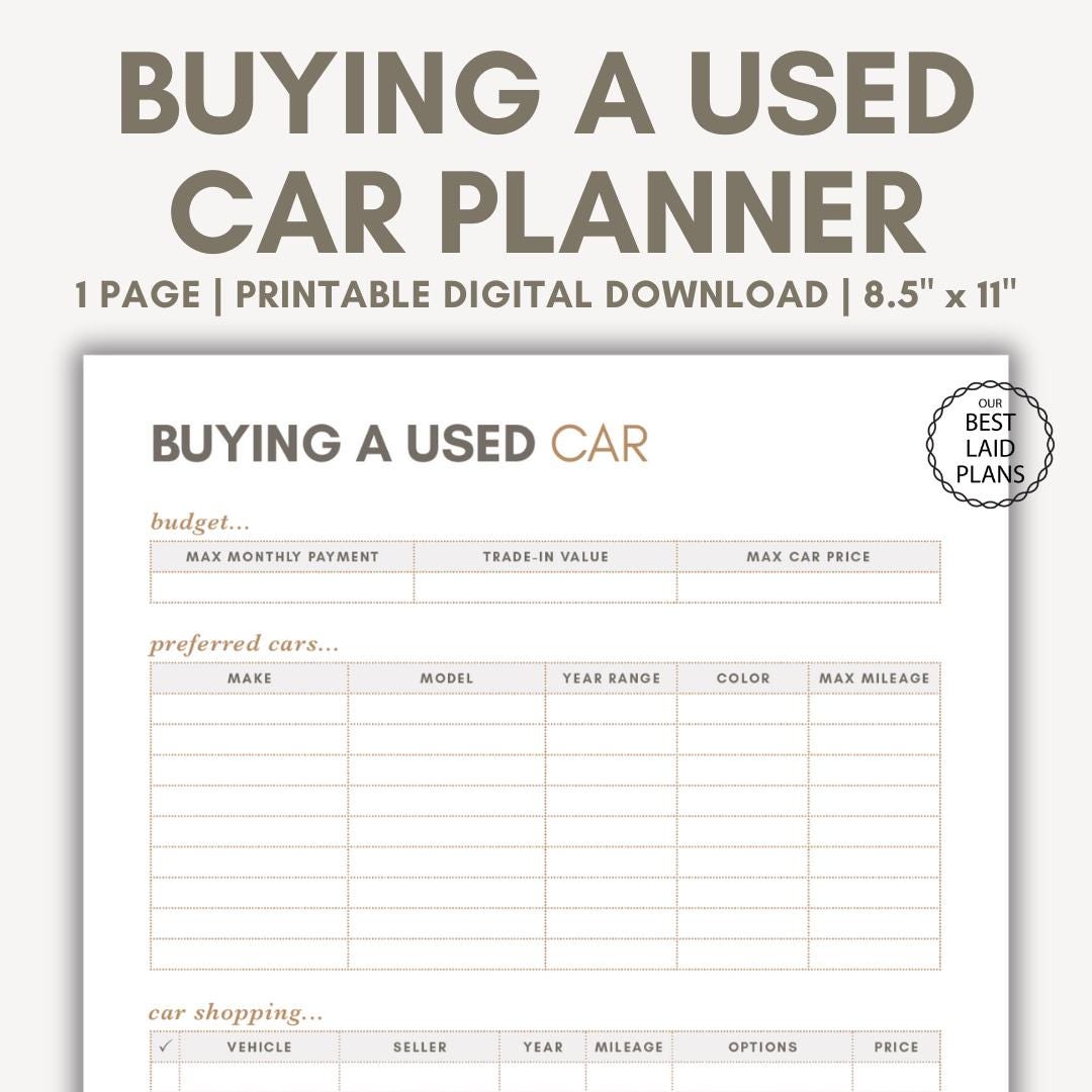 Buying a Used Car Planner Printable PDF, Life Planning Page Printable ...