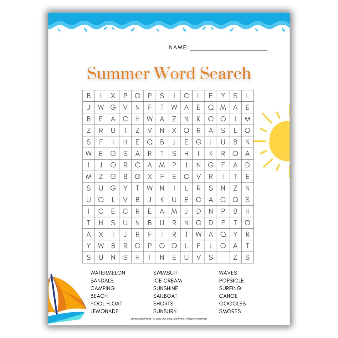 Summer Word Search Summer Theme Word Find Puzzle Printable PDF Summer ...
