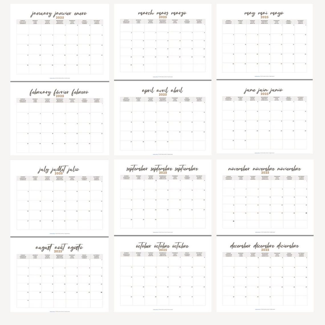 English French Spanish 2025 Calendar Printable PDF Trilingual Calendar ...
